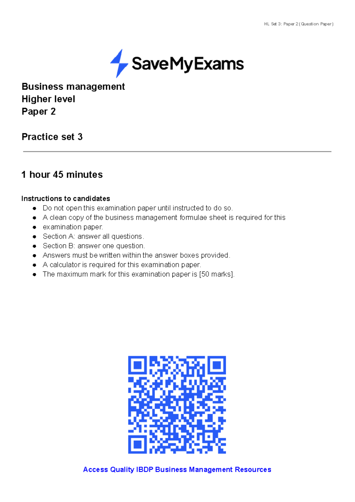 IBDP Business Management HL Paper 2 Practice Set 3 Exam 2023 - Studocu