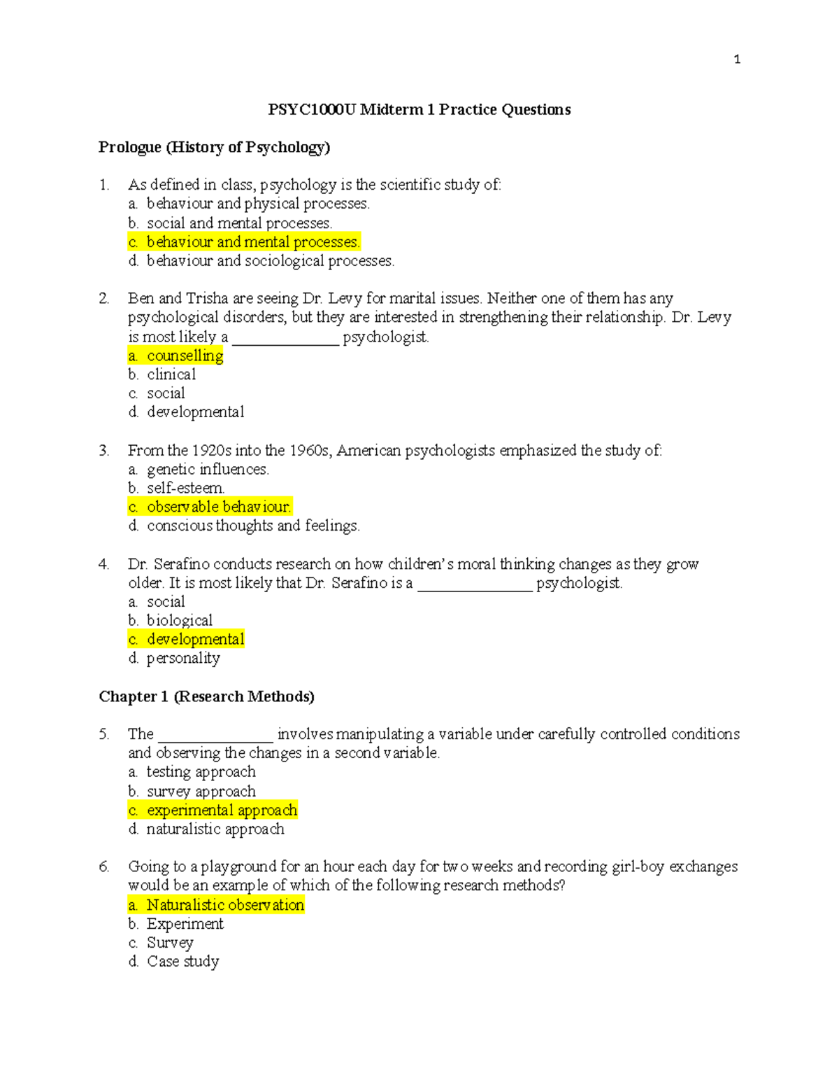 PSYC 1000U Midterm 1 Practice Questions and Answer Key - Studocu