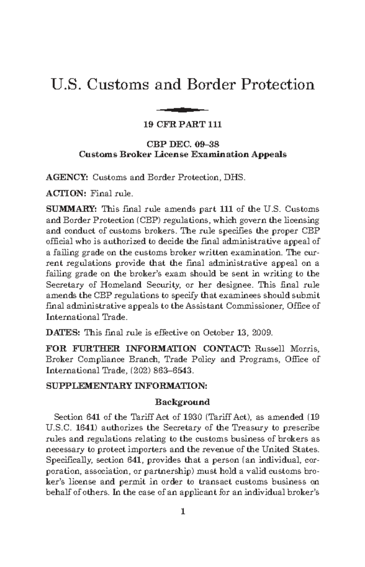 19 CFR PART CBP DEC. Customs Broker License Exam Appeals Final Rule ...
