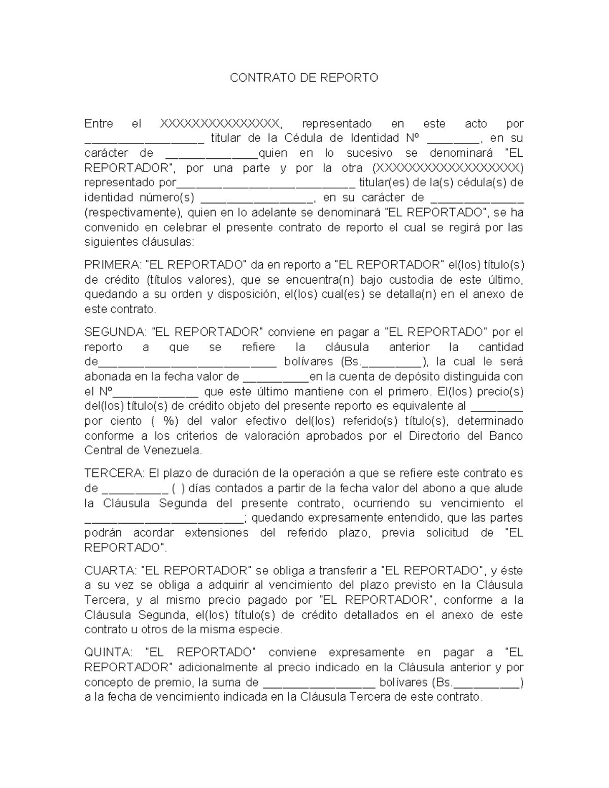 Modelo de Contrato de Reporto: Estructura y Cláusulas Detalladas - Studocu