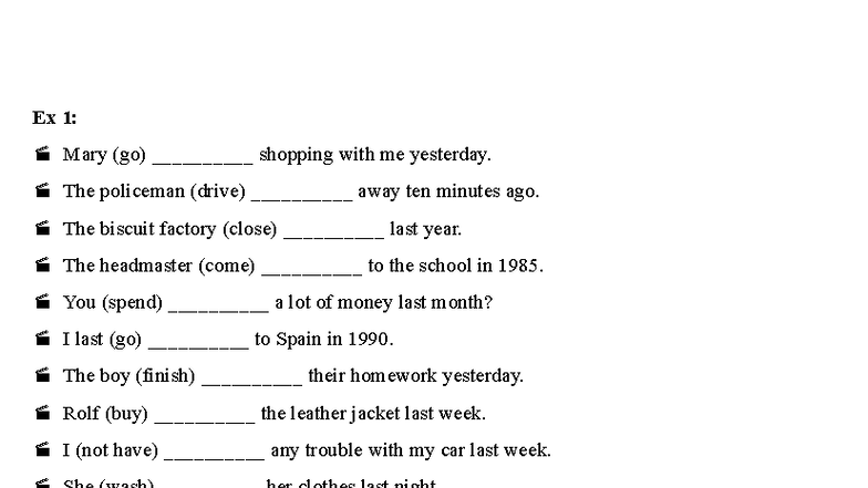 Ex 1: Practice Exercises on Past Tense Verbs - Studocu