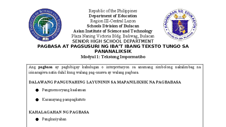 Modyul 1: Tekstong Impormatibo sa Pagbasa at Pagsusuri (Grade 11) - Studocu
