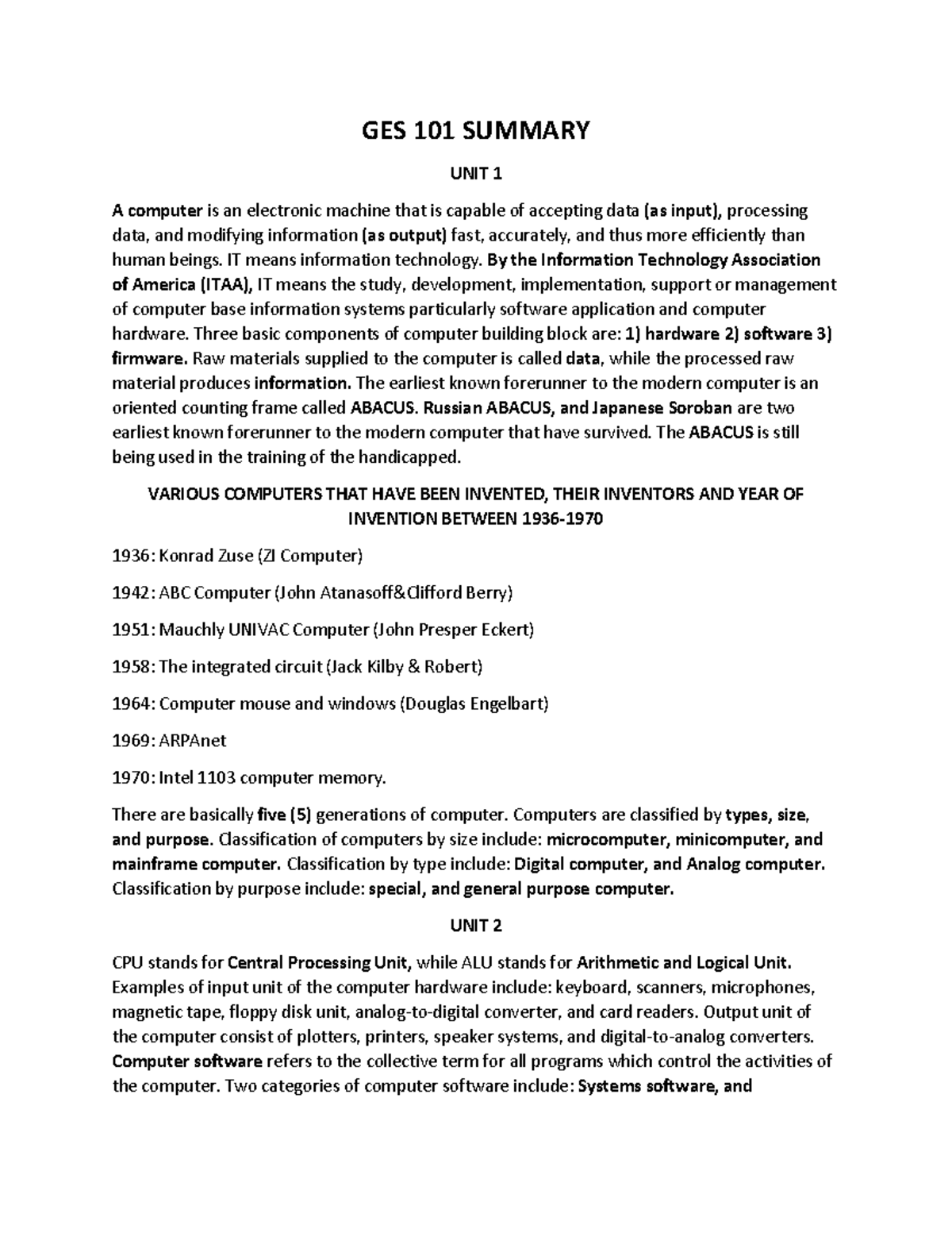 GES 101 Final Exam Study Notes on Computer Appreciation & Apps - Studocu