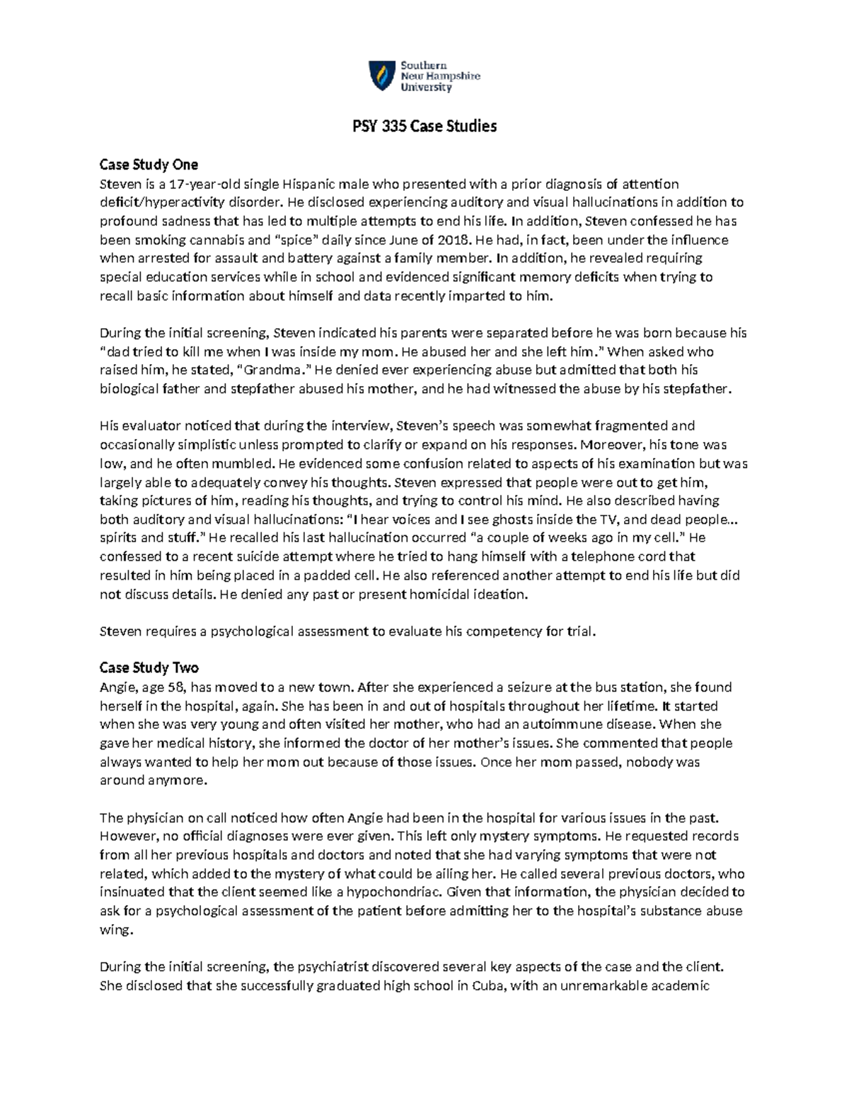 PSY 335 Case Studies: Steven and Angie's Psychological Assessments ...