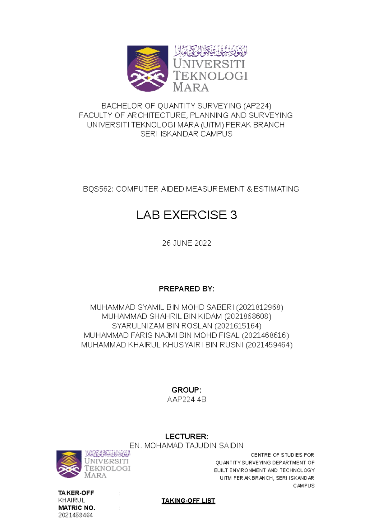 BQS562 LAB Exercise 3 - sebab nak unlock - BACHELOR OF QUANTITY SURVEYING (AP224) FACULTY OF ...