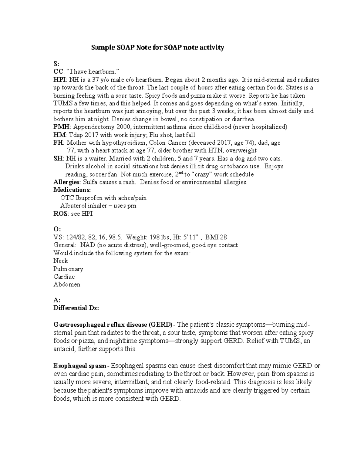 Sample SOAP Note for Heartburn (SOAP Activity) - Studocu