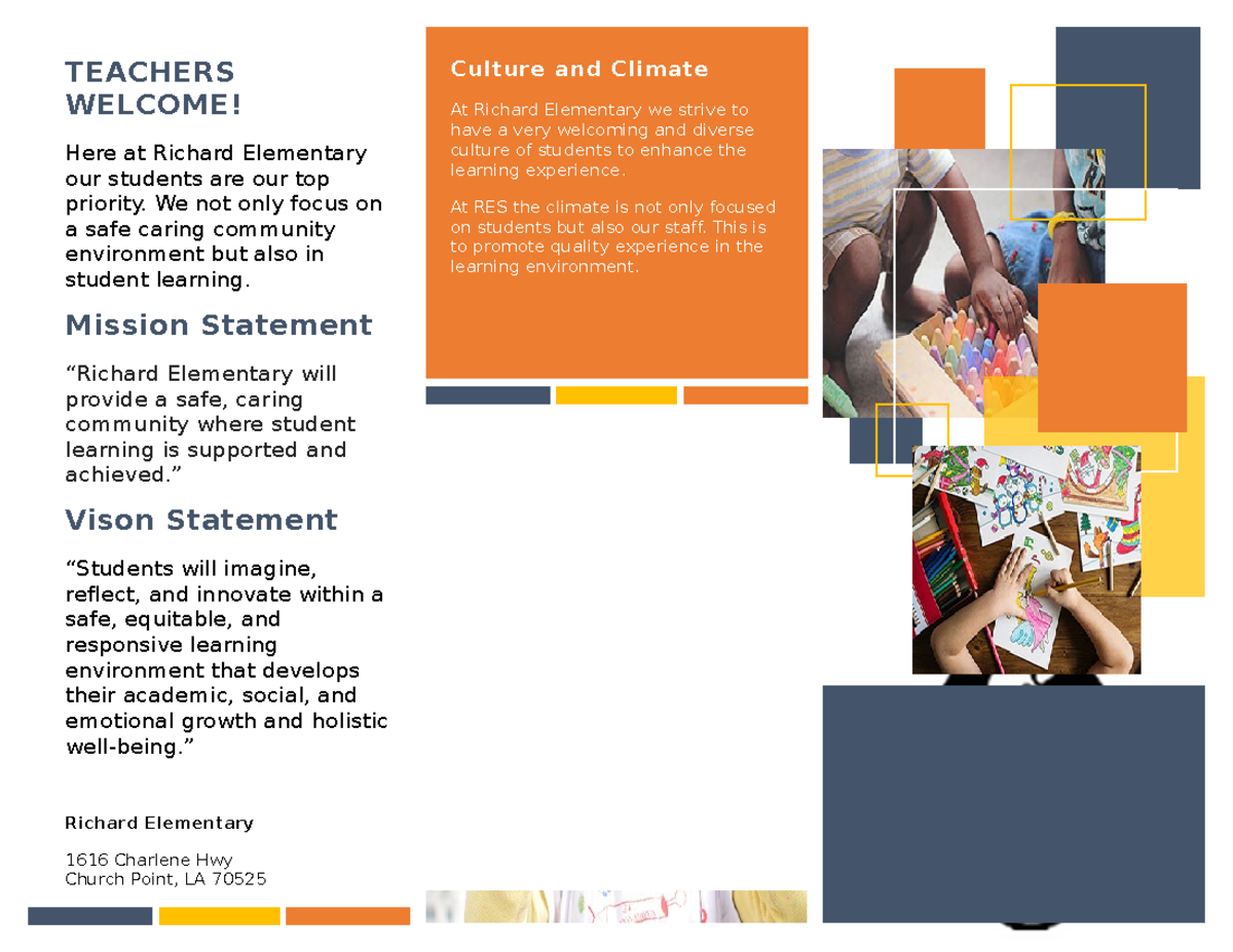 School Vision, Mission, and Culture at Richard Elementary - Studocu