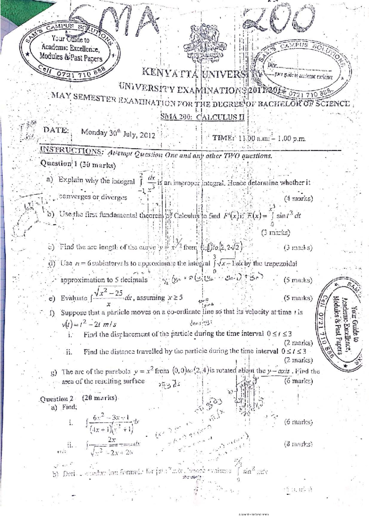 SMA 200: Calculus II Past Exam Papers and Solutions Guide - Studocu