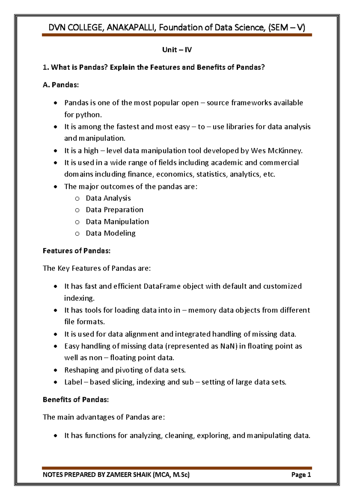 DVN COLLEGE, ANAKAPALLI, SEM V: Pandas Features & Data Structures - Studocu
