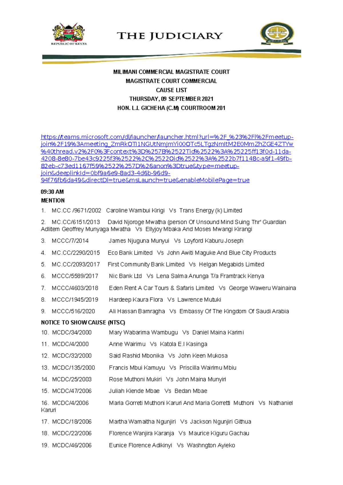 MILIMANI COMMERCIAL MAGISTRATE COURT CAUSE LIST - 09 SEPT 2021 - Studocu