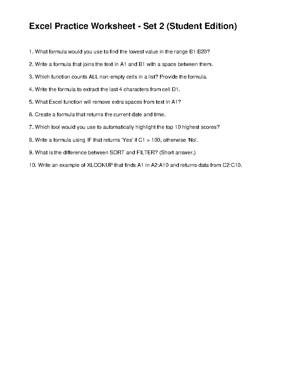 Excel Student Worksheet Set 2: Formulas & Functions Practice - Studocu