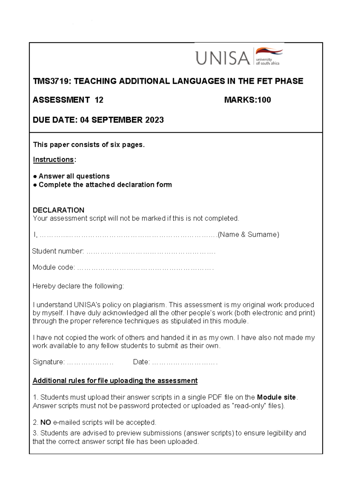 TMS3720 Assessment 12: Teaching Additional Languages in FET Phase - Studocu