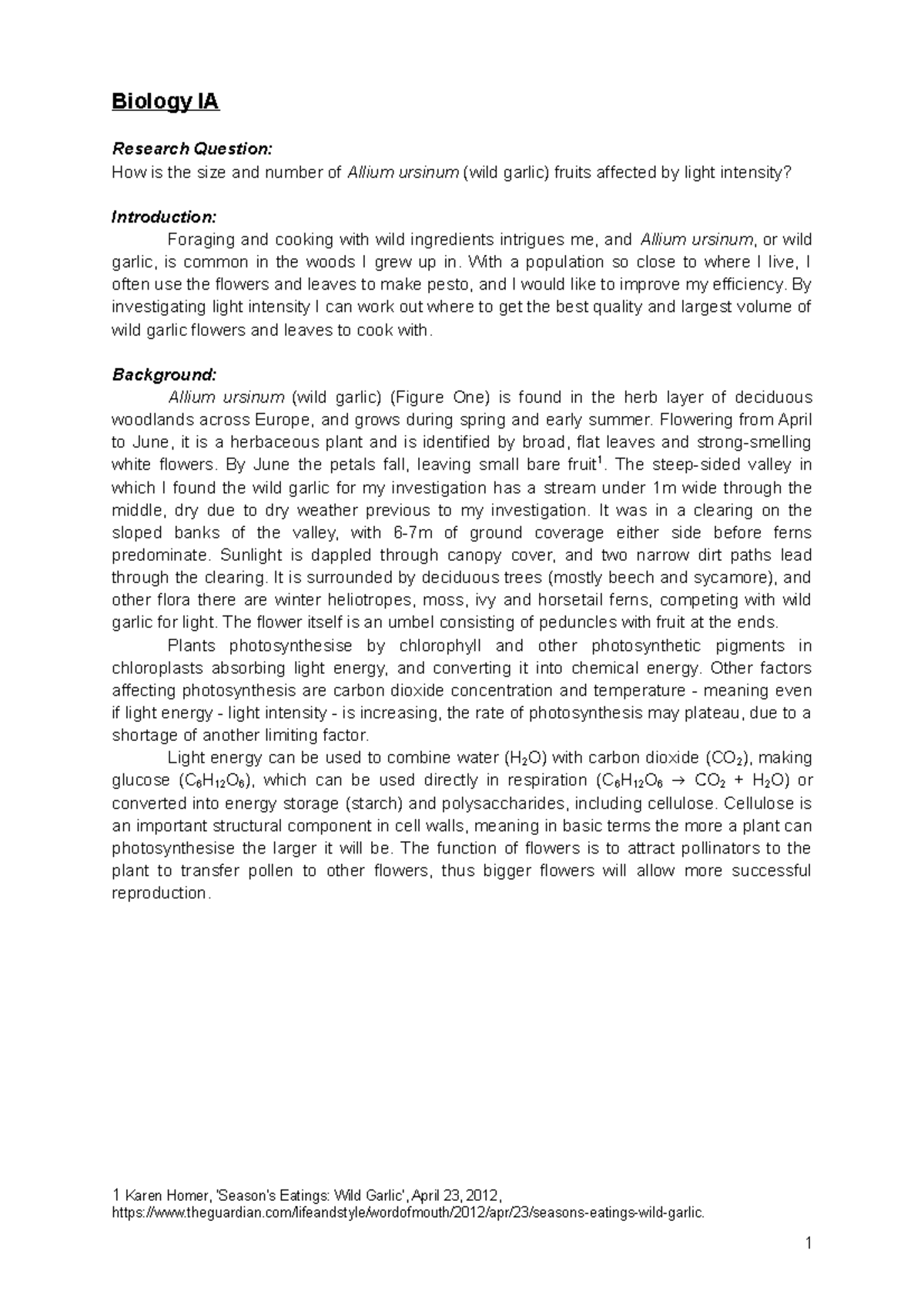 Biology IA: Investigating Light Intensity Effects on Allium Ursinum ...