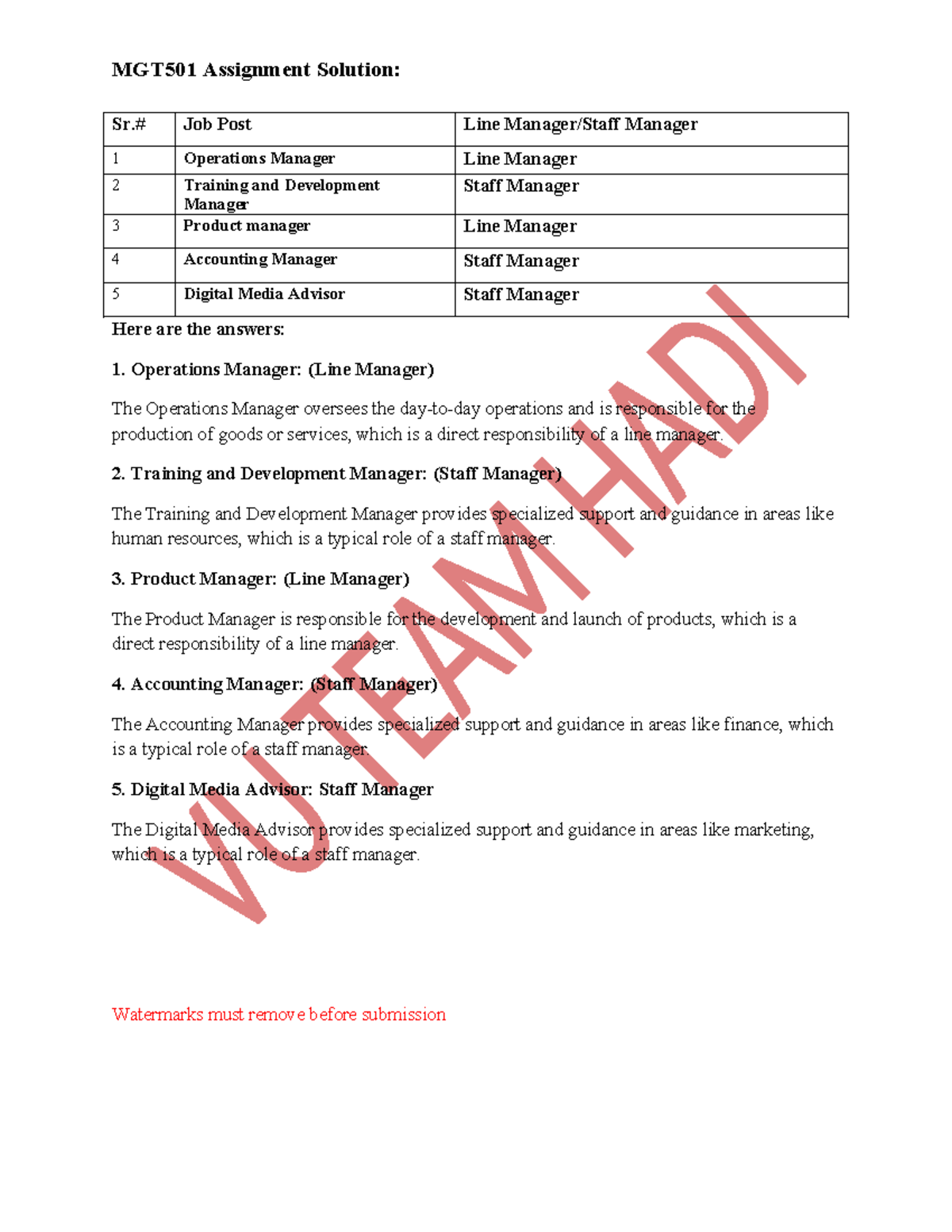 MGT501 Assignment NO 1 FALL24 - MGT501 Assignment Solution: Sr.# Job Post Line Manager/Staff ...