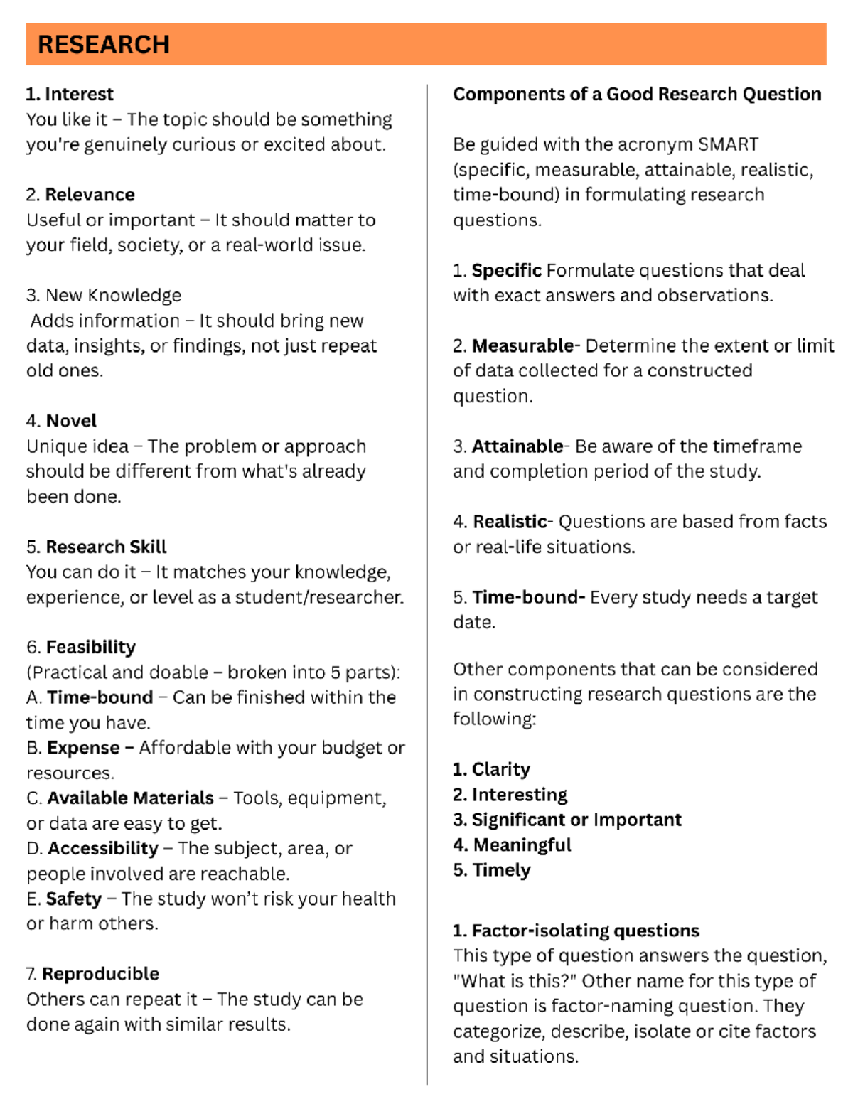 RESEARCH 1: Key Components of Formulating Effective Questions - Studocu