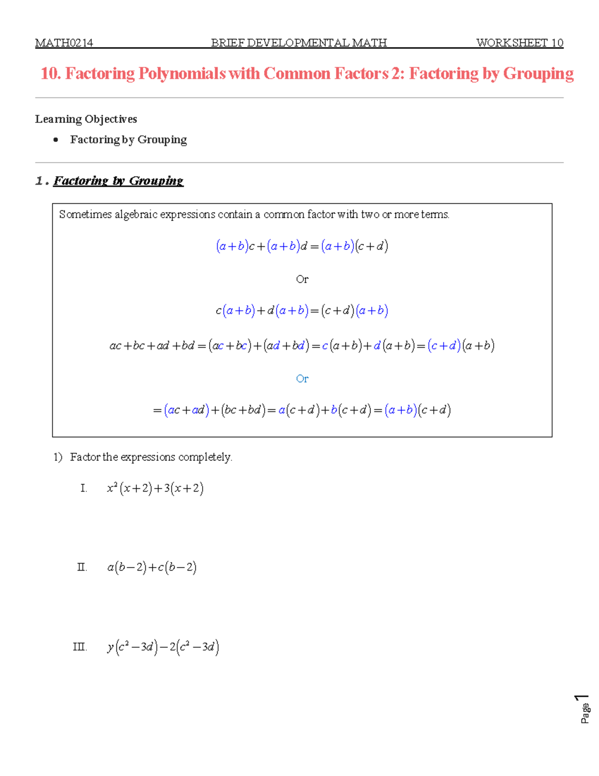 MATH0214 Developmental Math Worksheet 10: Factoring Polynomials - Studocu