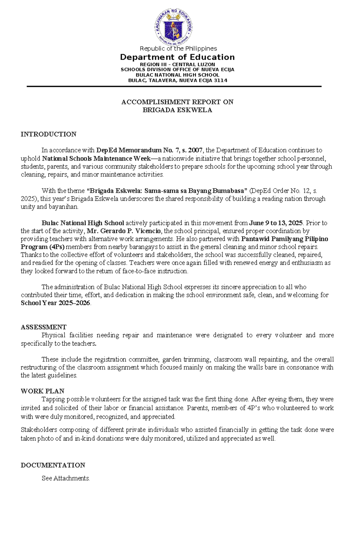 Accomplishment Report on Brigada Eskwela 2025-2026 - Studocu