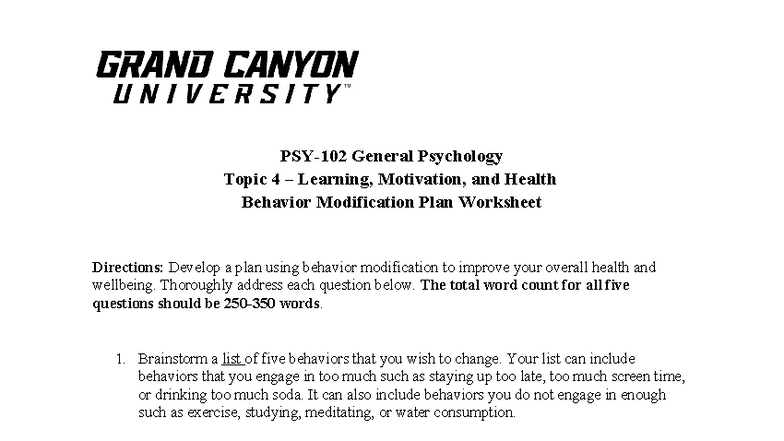 PSY 102 RS T4 Behavior Modification Plan - PSY-102 General Psychology ...
