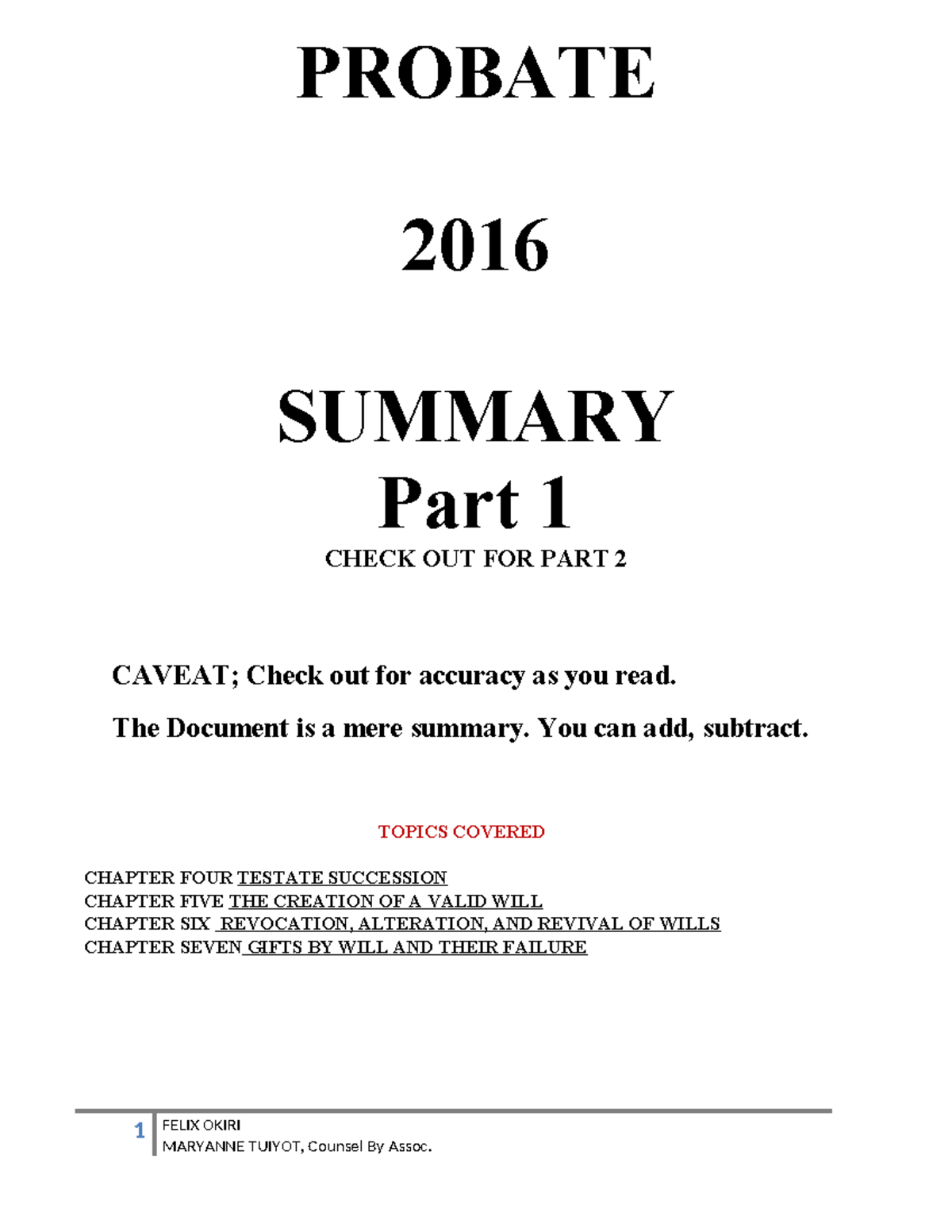 Part 1 Probate & Admin - Brief on Testate Succession & Wills - Studocu