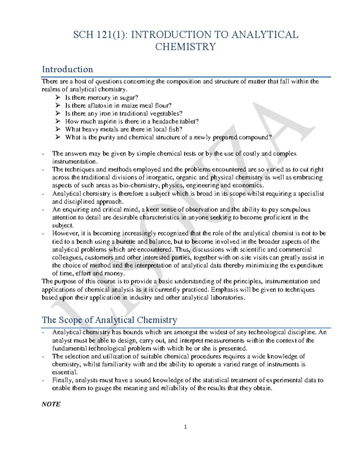 SCH 121(1): Analytical Chemistry Exam Preparation Notes - Studocu