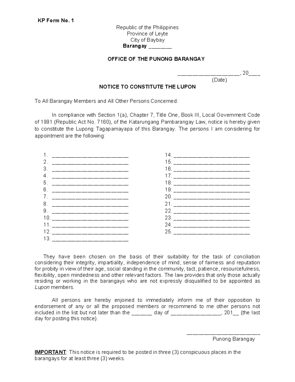 KP Form No. 1: Notice to Constitute the Lupong Tagapamayapa - Studocu