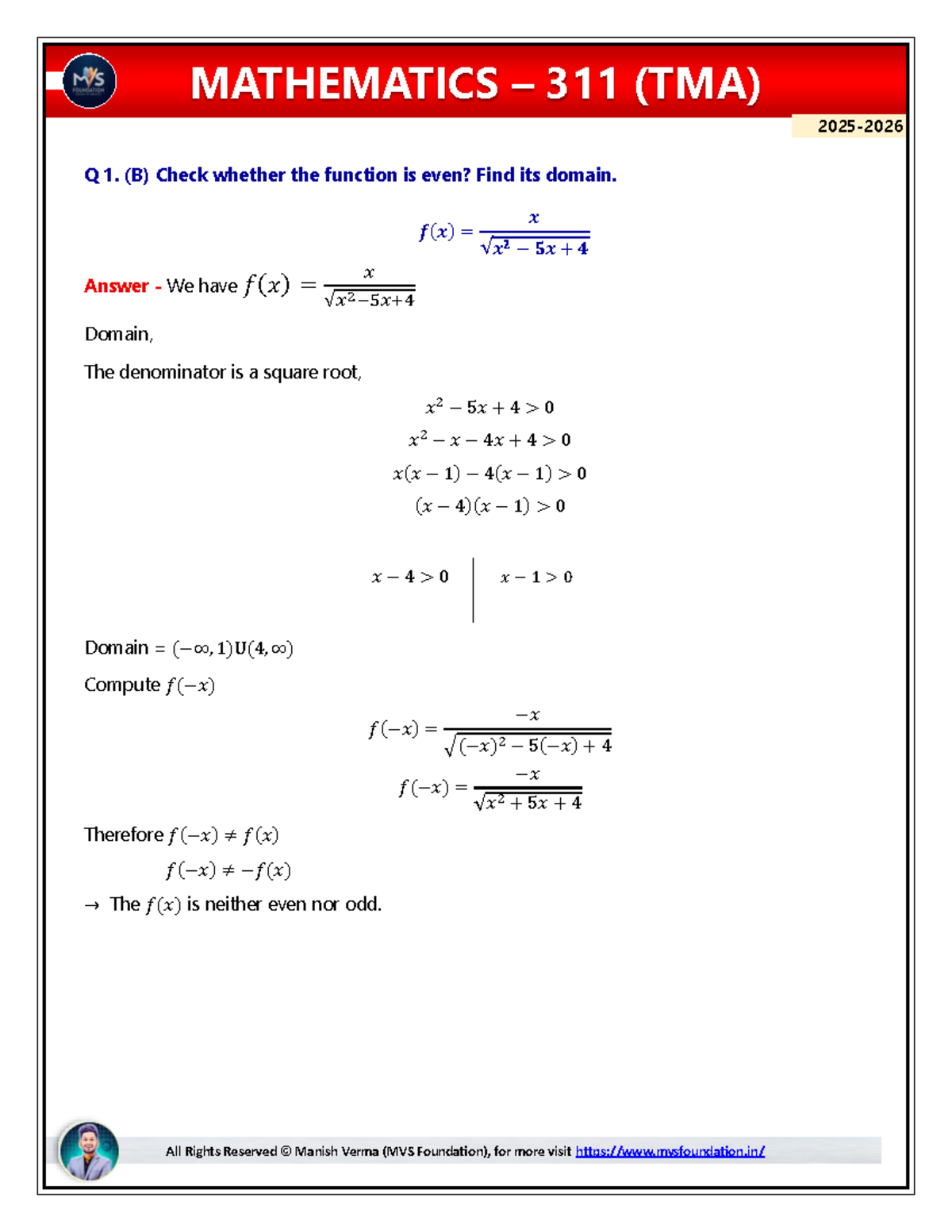 Mathematics 311 (TMA) - Even Functions, Probability, and Series ...