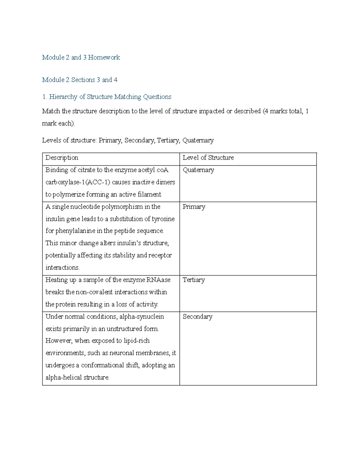BCHM 270 Module 2 & 3 Homework: Structure, Enzymes & Kinetics - Studocu