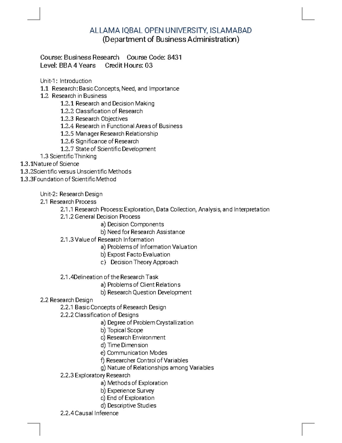 8431 Business Research Course Outline - AIOU BBA 4 Years - Studocu