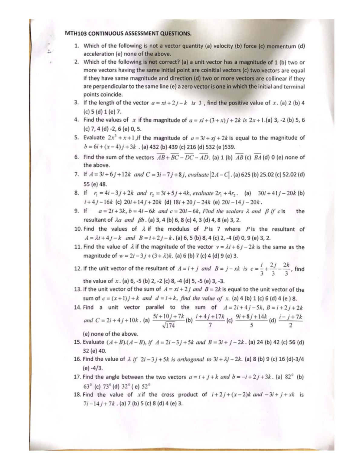 MTH103 Continuous Assessment Questions and Answers - Studocu