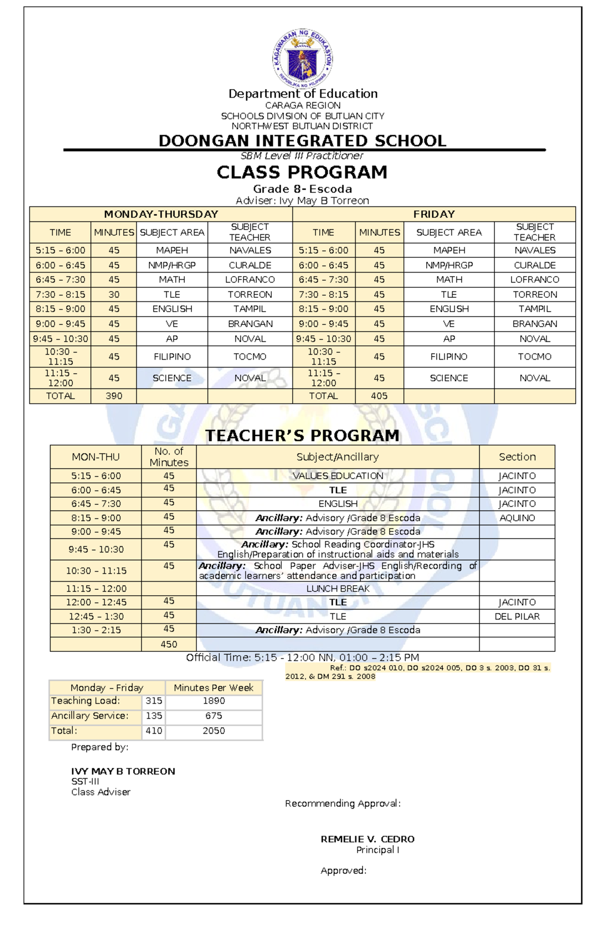 Official Class Teachers Program SY 2024 2025 - Department of Education ...