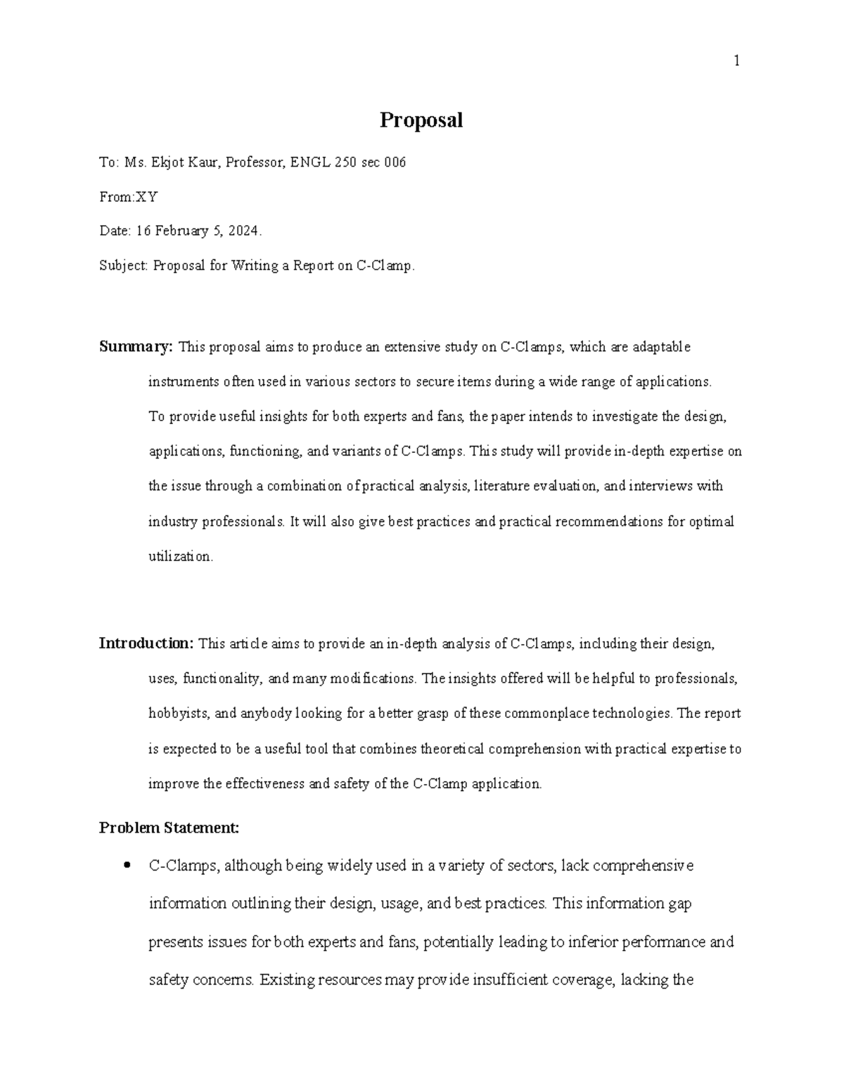 Proposal for Report on C-Clamps - ENGL 250 Sec 006 - Studocu