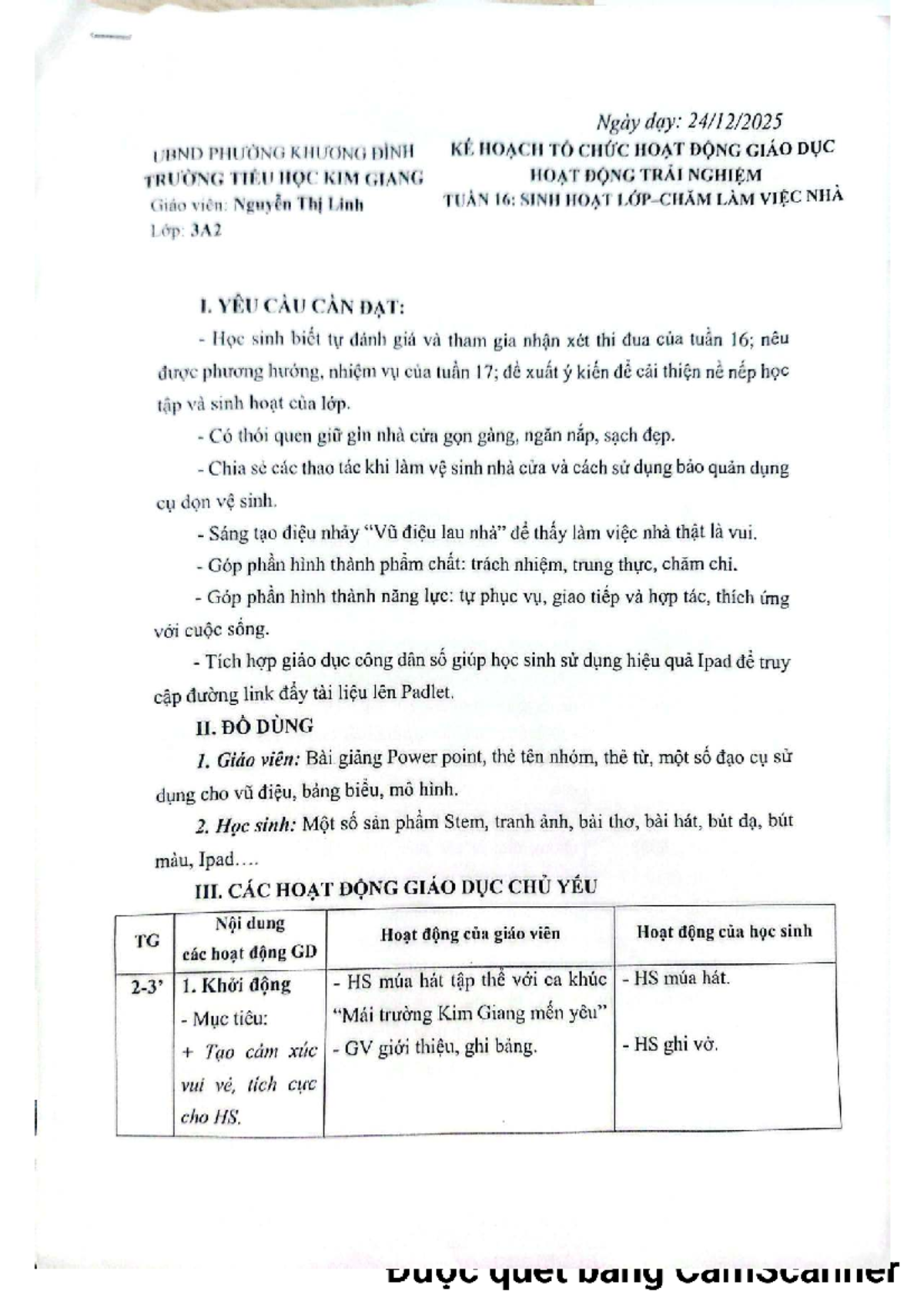 Kế Hoạch Hoạt Động Giáo Dục Tuần 16 - Trường Tiểu Học Kim Giang - Studocu