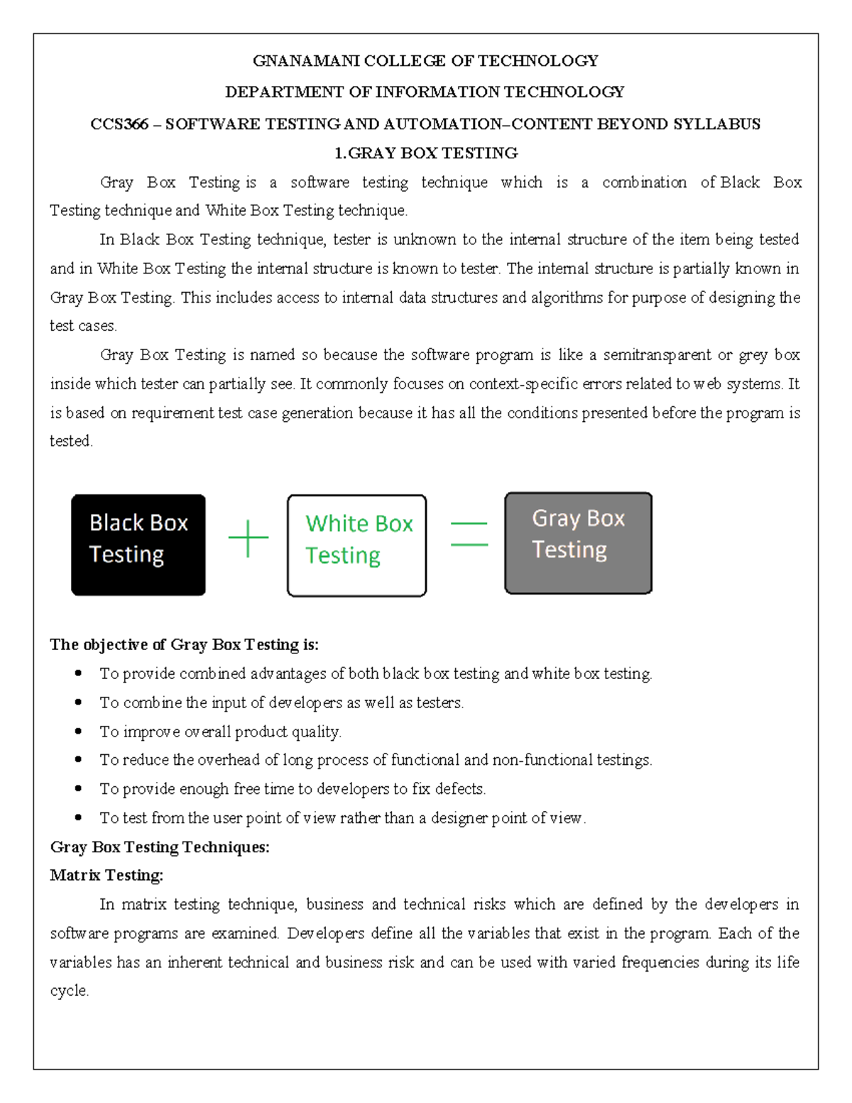 CCS366 Software Testing: Gray Box Testing Techniques Explained - Studocu
