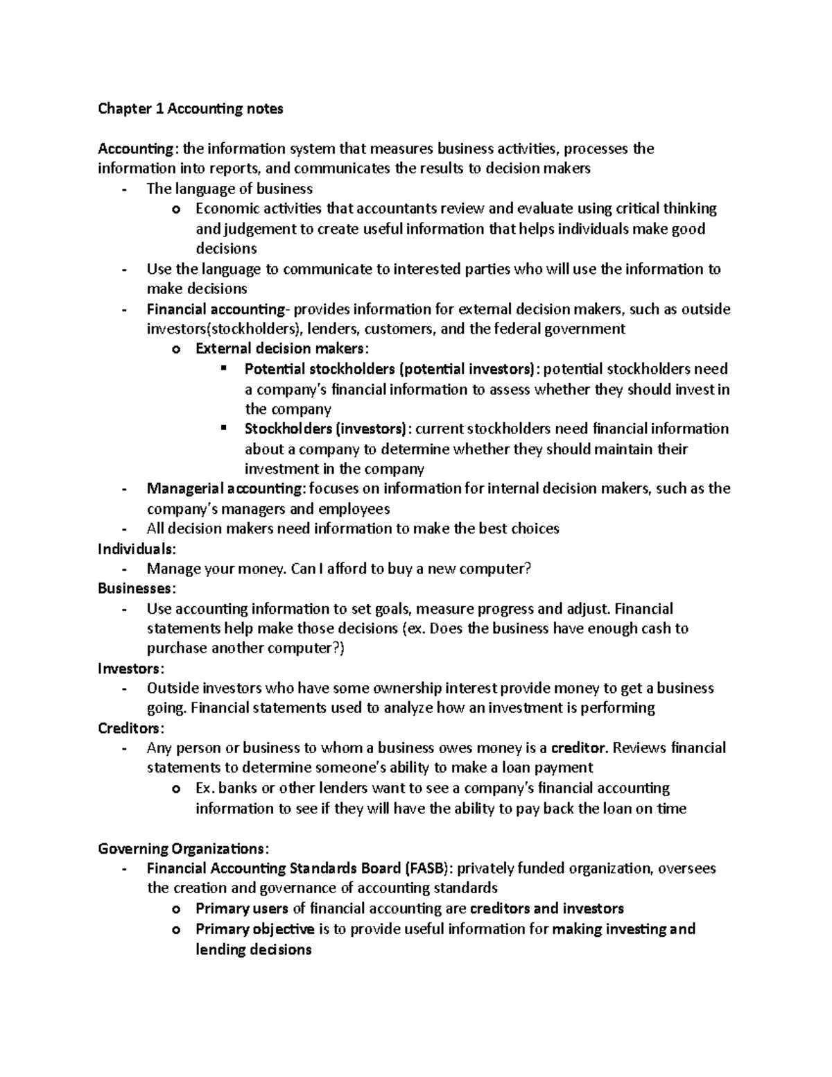 Chapter 1 Accounting I: Key Concepts and Principles Notes - Studocu