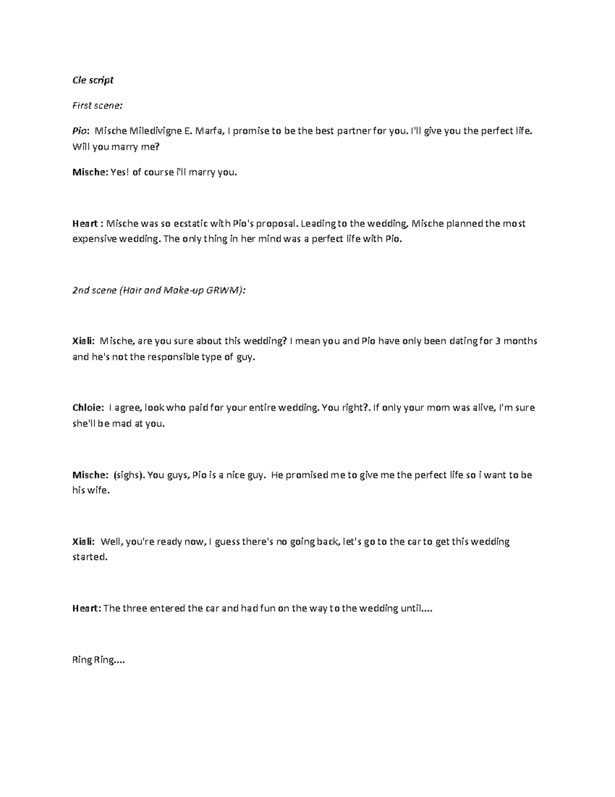 CLE Script: Mische's Wedding Journey and Pio's Betrayal - Studocu