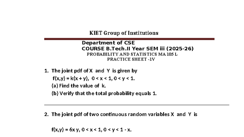 B.Tech II Year MA 105 Probability & Statistics Practice Sheet 1 - Studocu