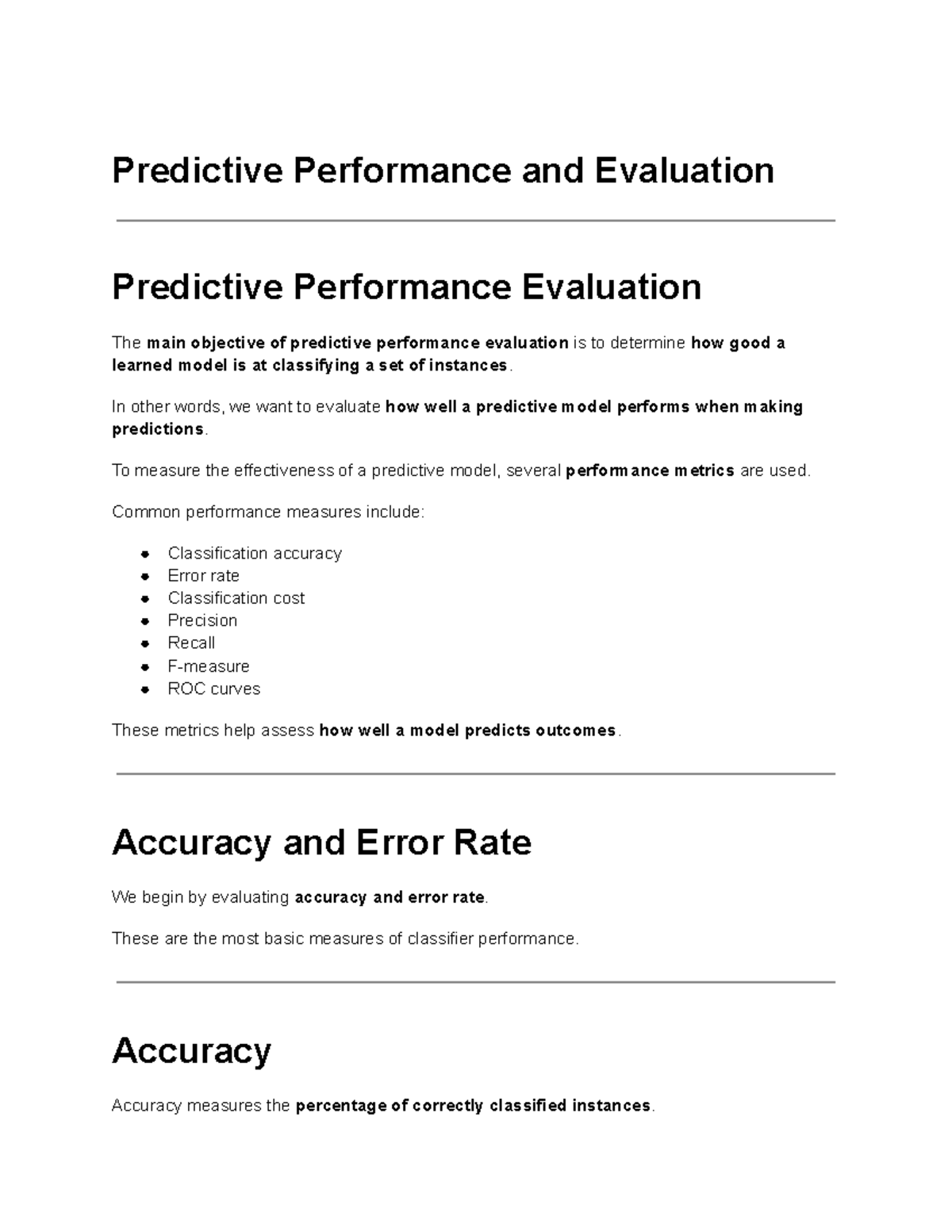 CITM618 Lecture 7 - Predictive Performance Evaluation Notes - Studocu
