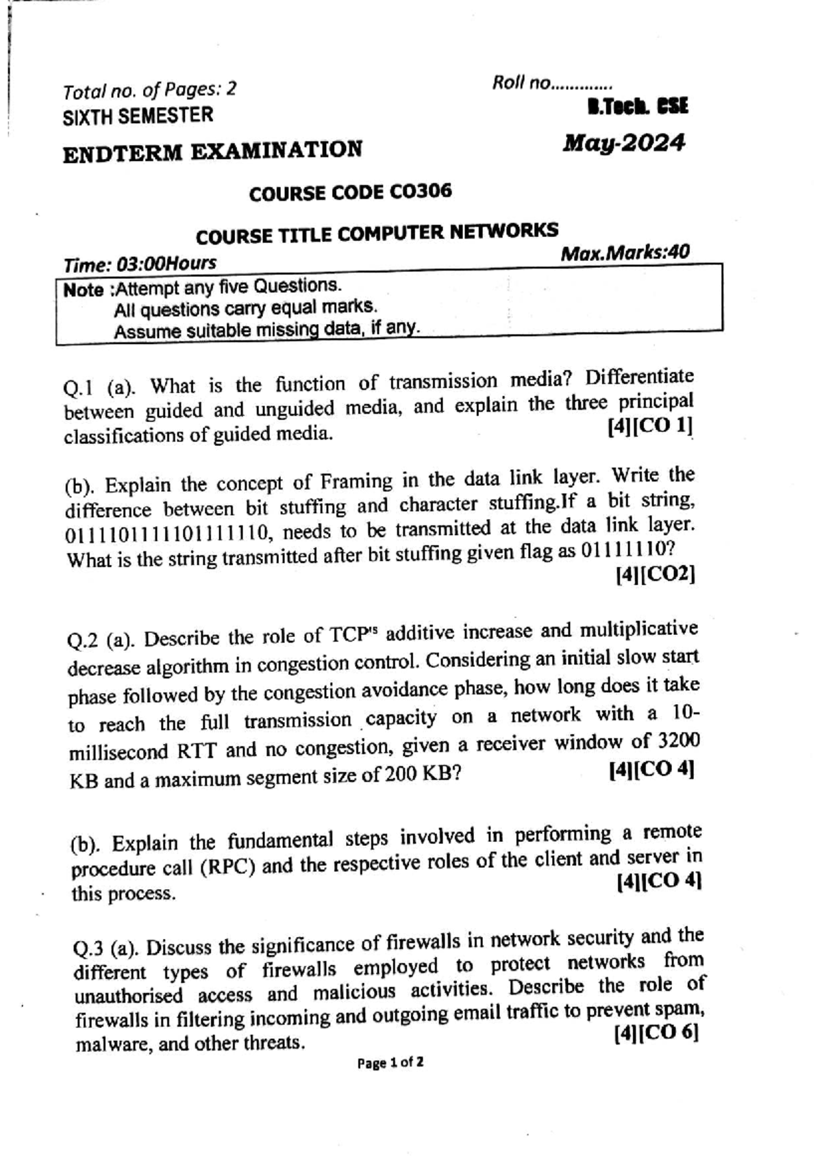 CO306 Computer Networks 2024 Endterm Exam Guide - Studocu
