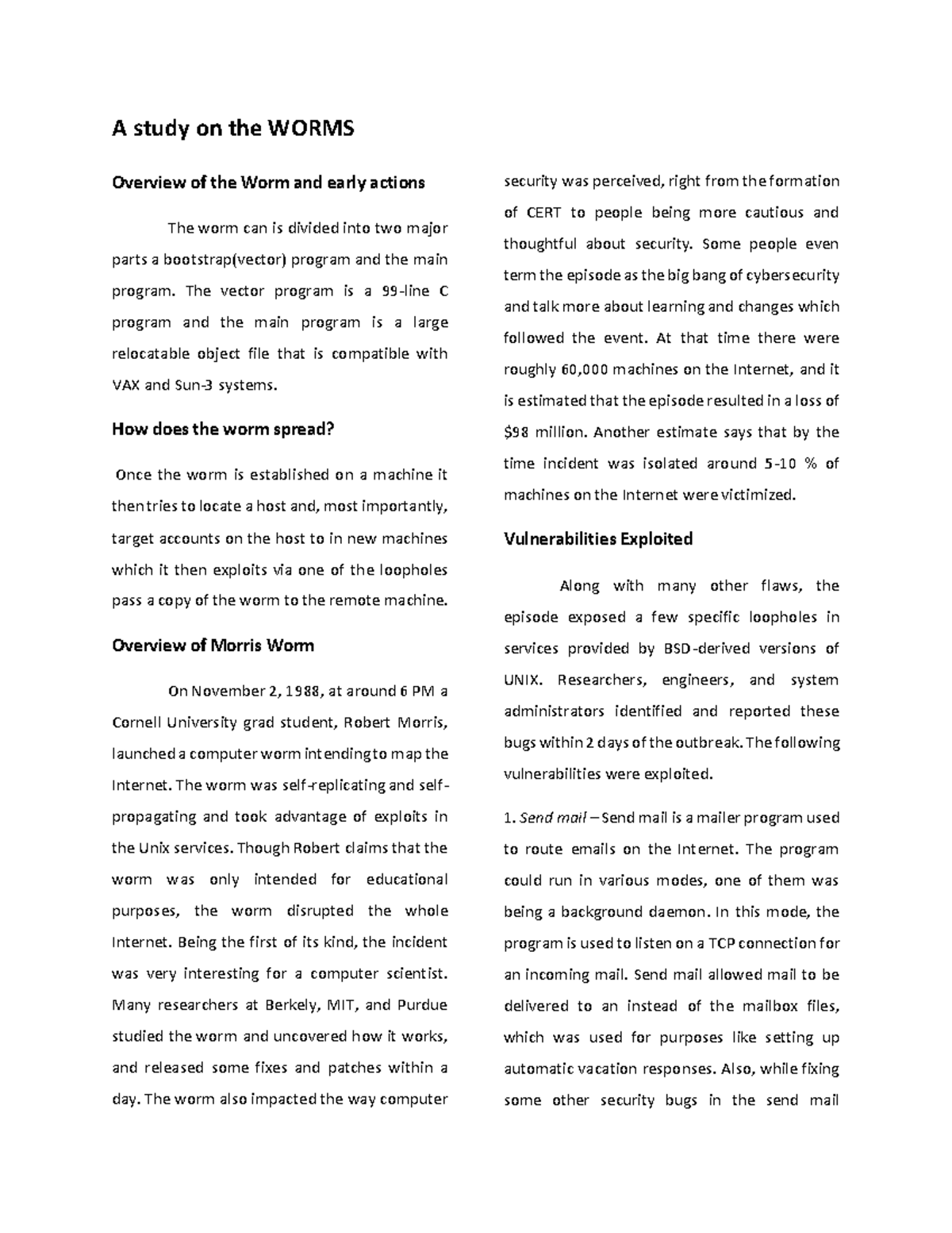 Study on Worms - A study on the WORMS Overview of the Worm and early ...