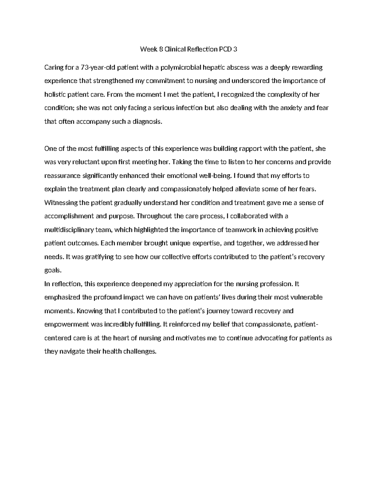 Clinical Reflection Essay on Patient Care: PCD 3 Insights - Studocu