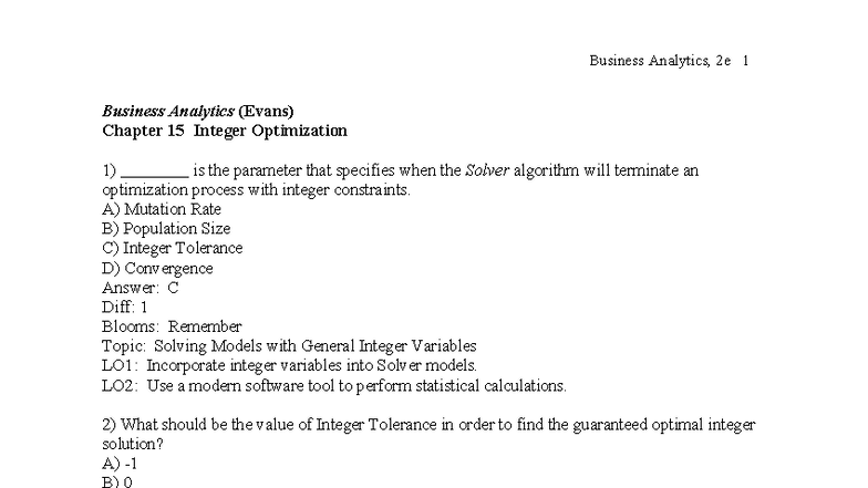 Business Analytics, 2e: Chapter 15 - Integer Optimization Study Guide ...