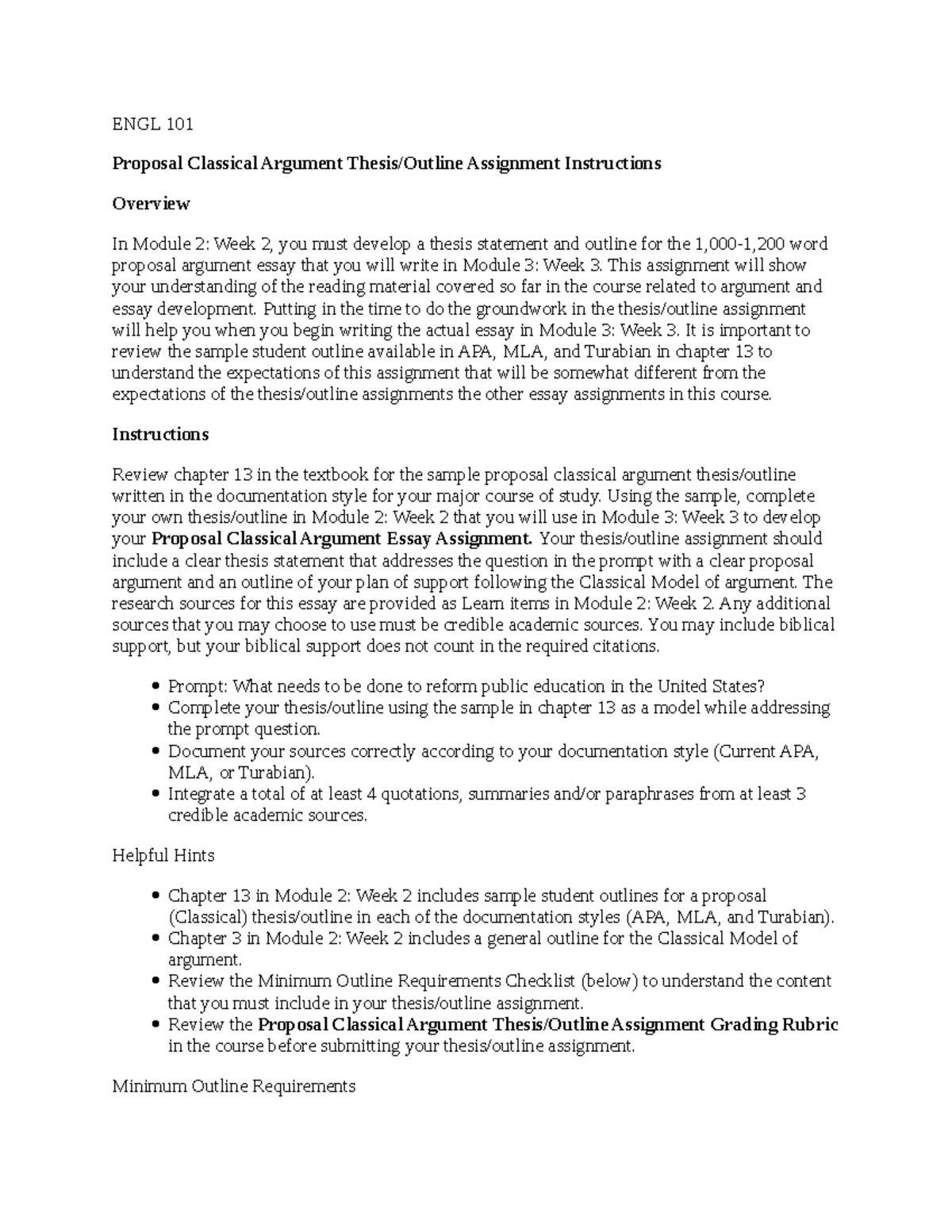 ENGL 101 Proposal Classical Argument Thesis/Outline Assignment Guide ...