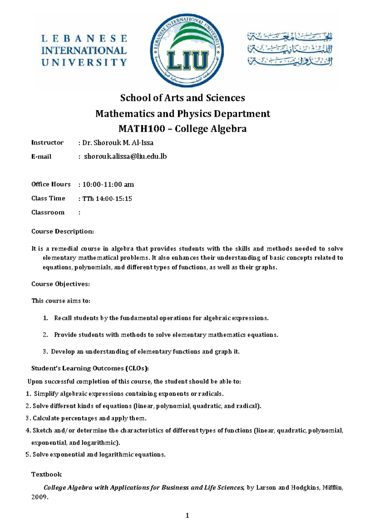 MATH100 Syllabus: College Algebra Overview and Course Details - Studocu