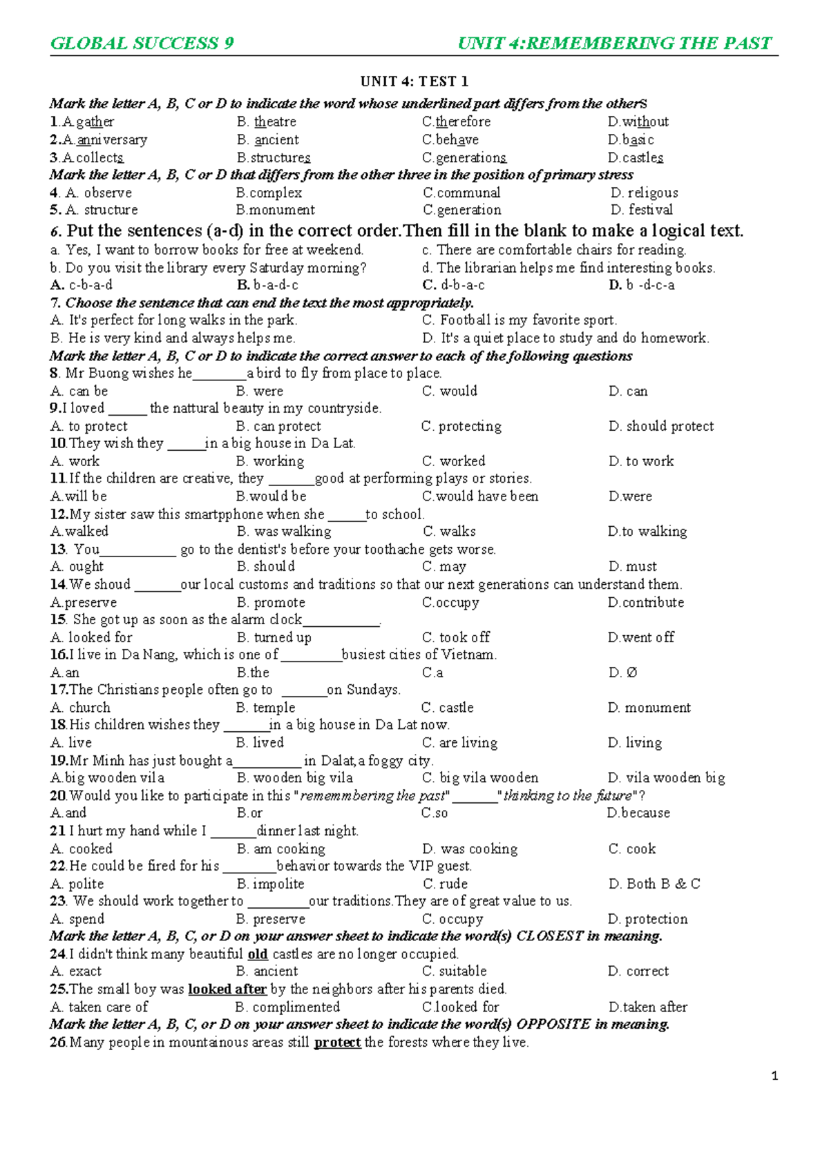 GLOBAL SUCCESS 9 UNIT 4: REMEMBERING THE PAST - PRACTICE TEST - Studocu