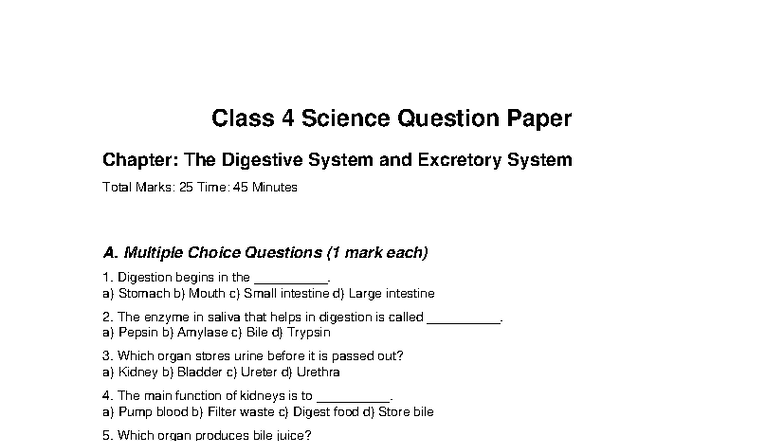 Class 4 Science Quiz: Digestive & Excretory Systems - Studocu