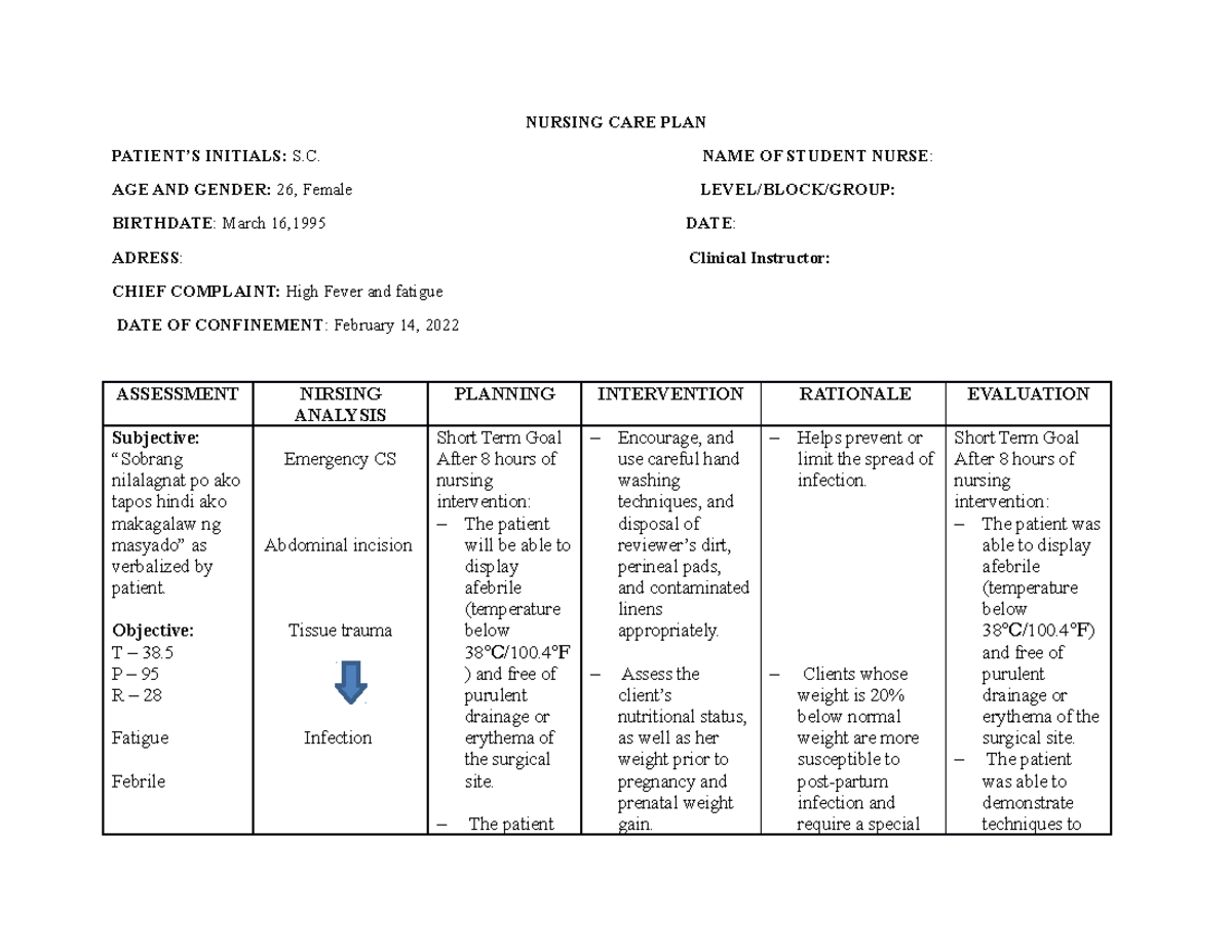 Nursing Care Plan for Emergency Cesarean: Managing Tissue Trauma - Studocu