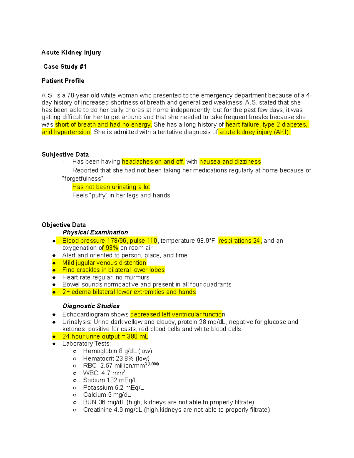 Acute Kidney Injury: Case Study Analysis with Patient Insights - Studocu