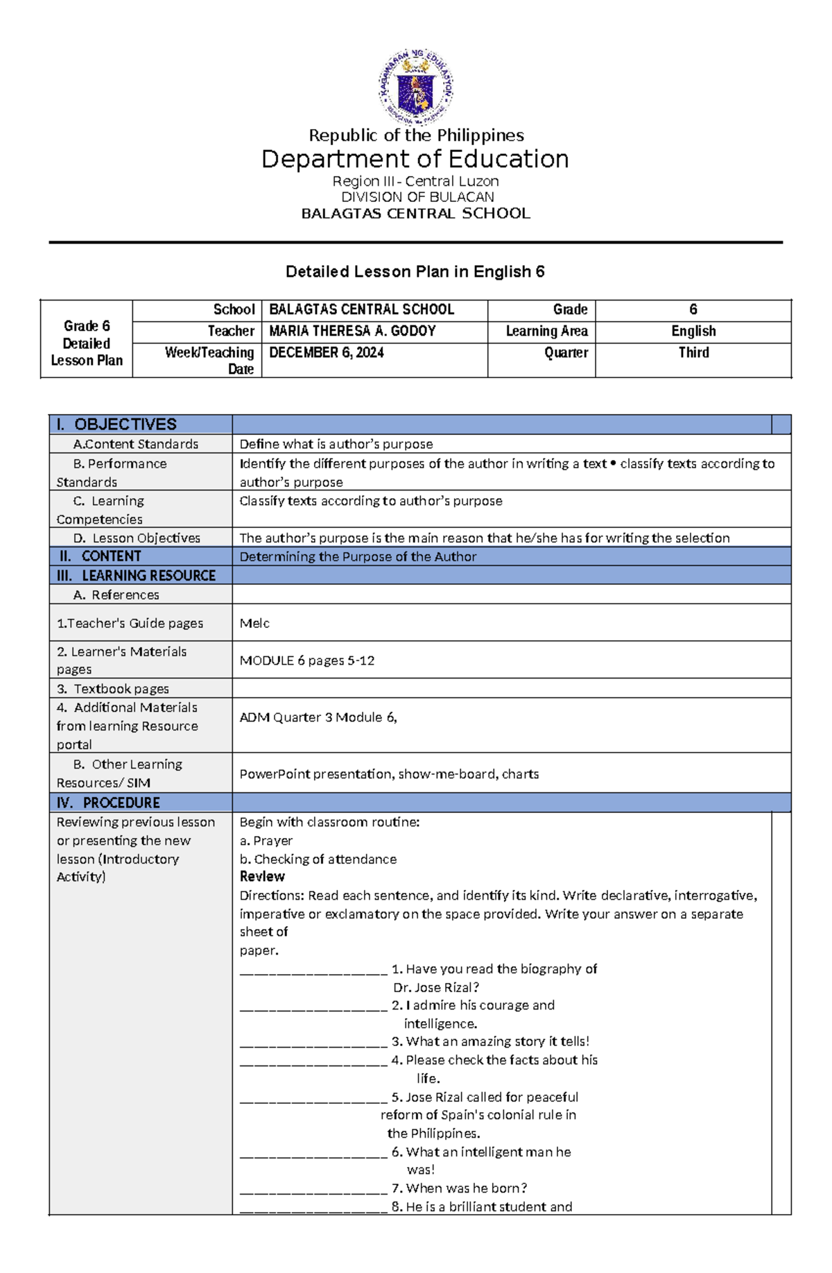 Detailed Lesson Plan in English 6 (COT3 Week-8, 3rd Quarter) - Studocu