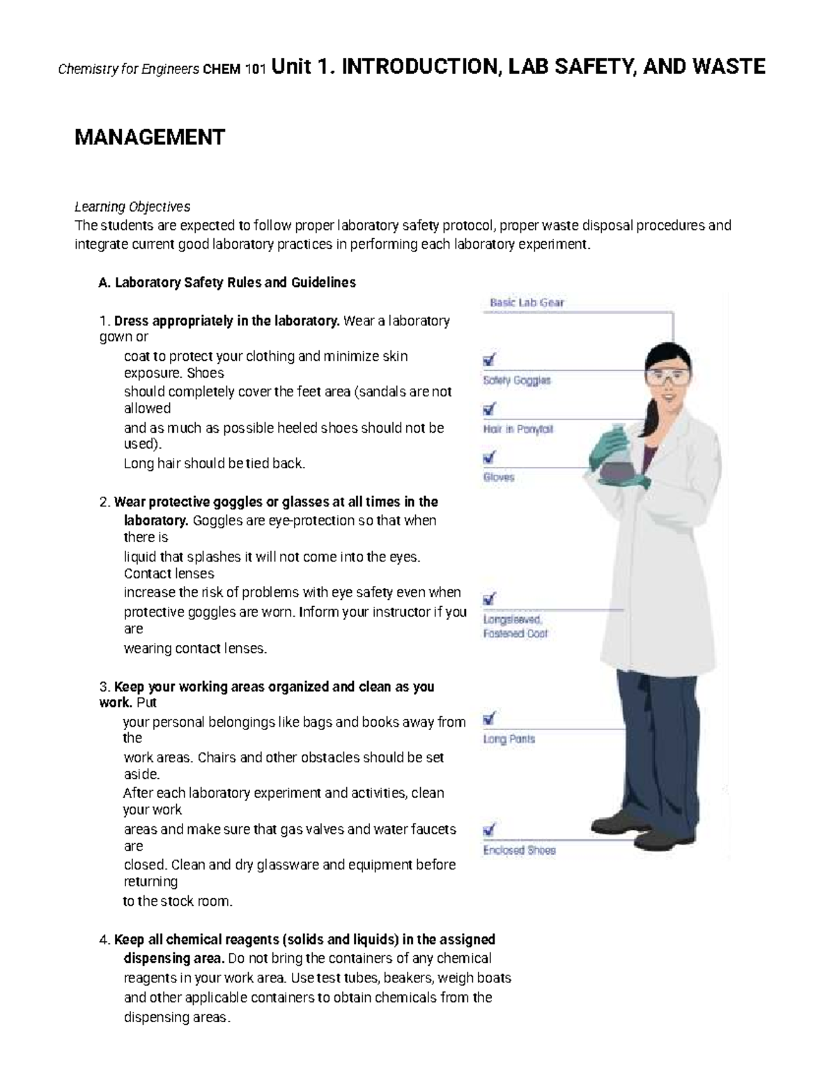 Chemistry for Engineers CHEM 101: Lab Safety & Waste Management Guide ...