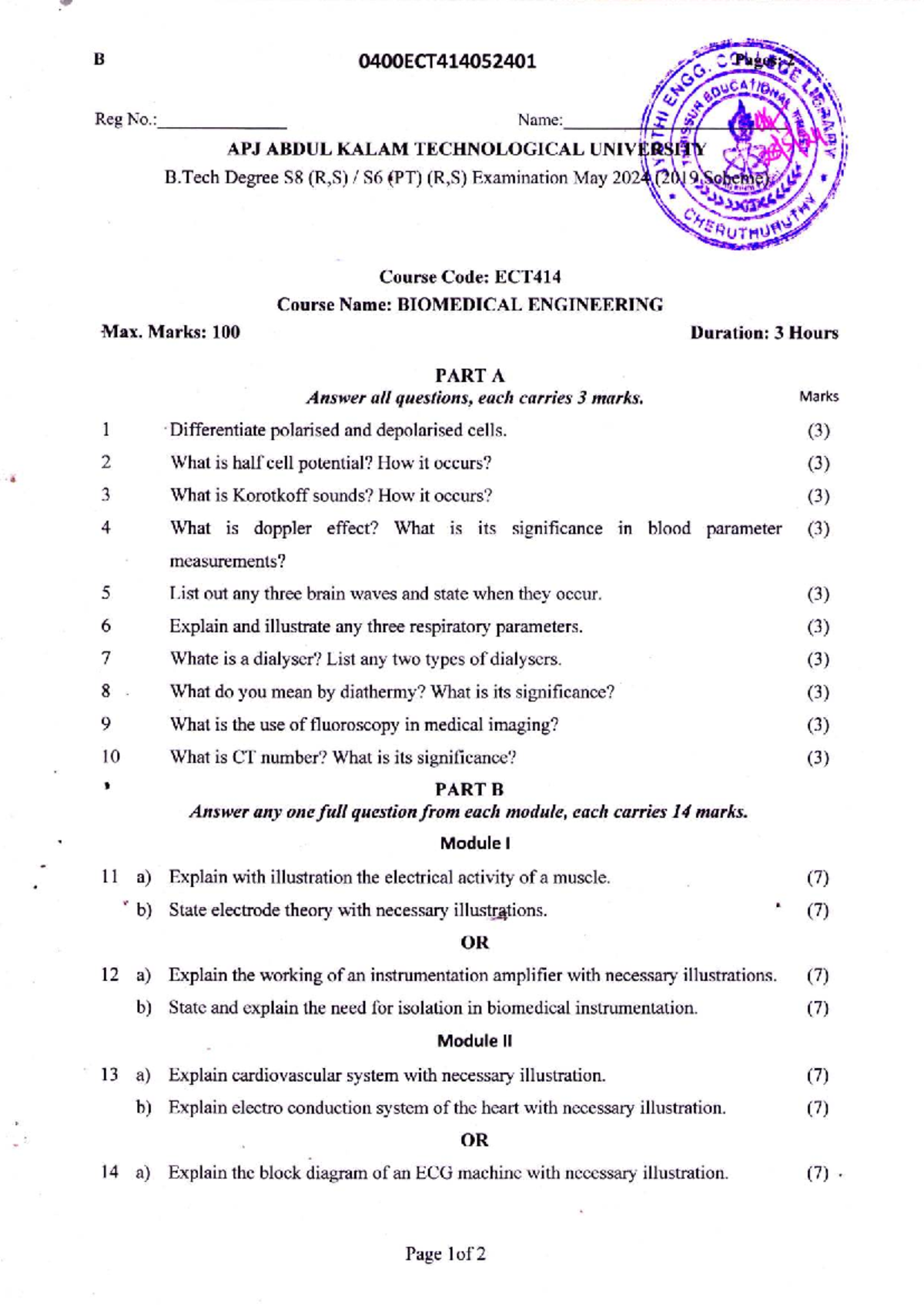 ECT414 Biomedical Engineering Final Exam Guide, May 2024 - Studocu